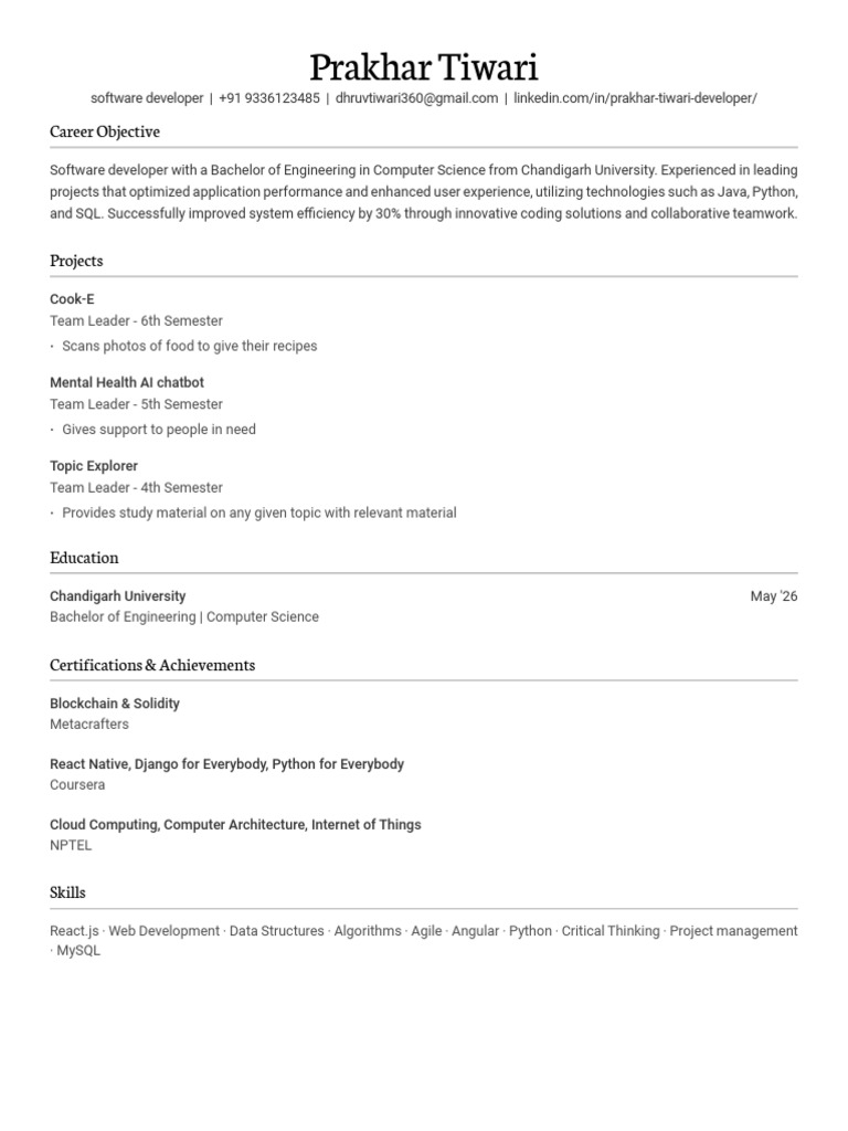 Prakhar Tiwari - Software Developer - Resume | PDF