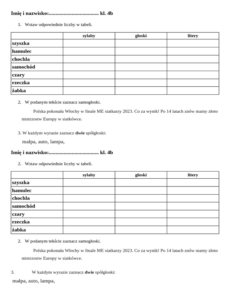 Kartkówka Głoski, Sylaby, Litery KL 4 | PDF