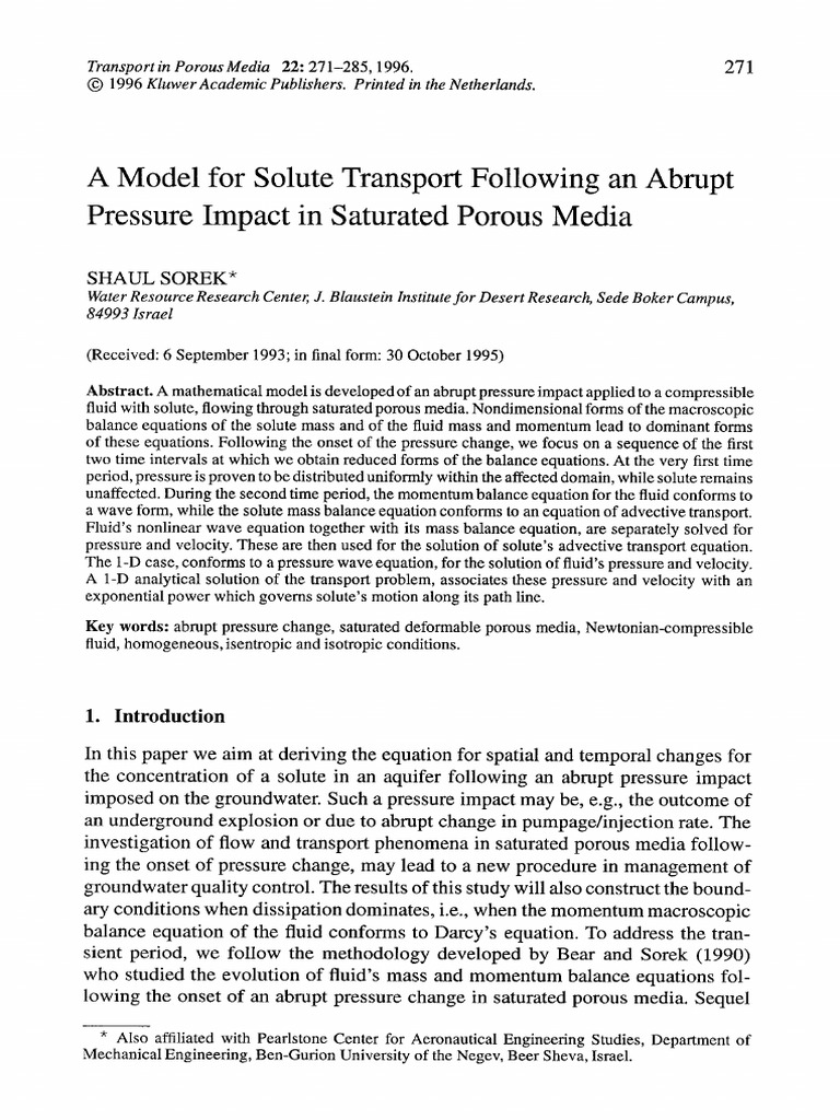 A Model For Solute Transport Following An Abrupt Pressure Impact in ...