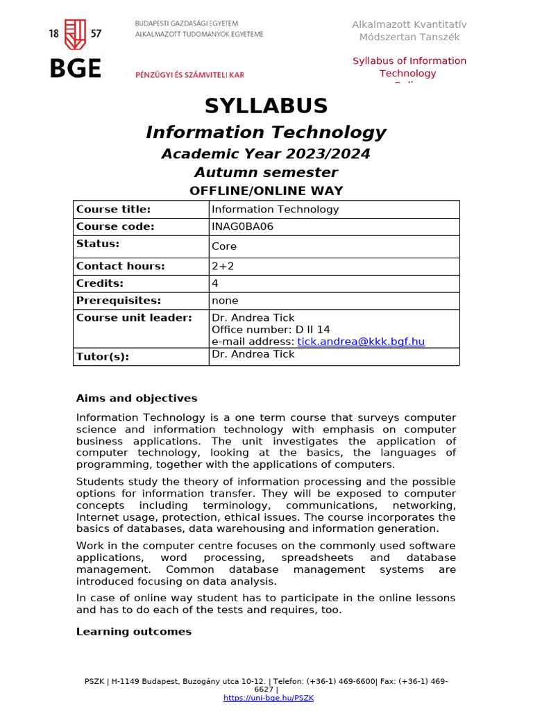 ITandWorld Sylabus 202324 | PDF | Databases | Information