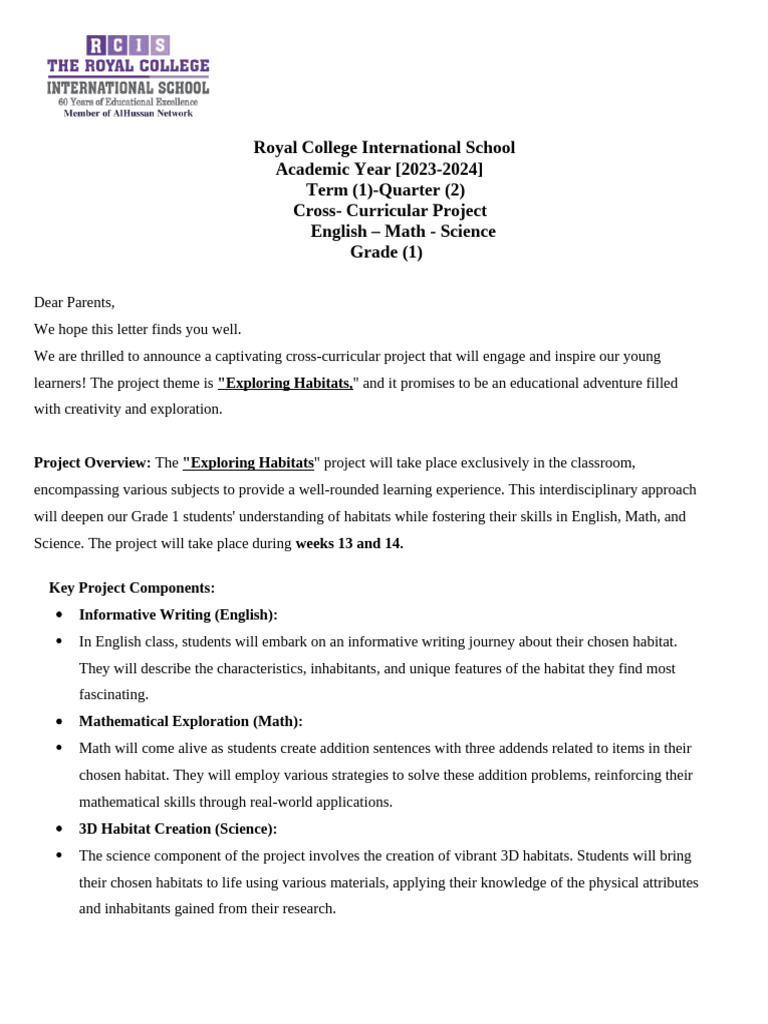 Grade 1 Cross-Curricular Project: Habitats | PDF | Mathematics | Science