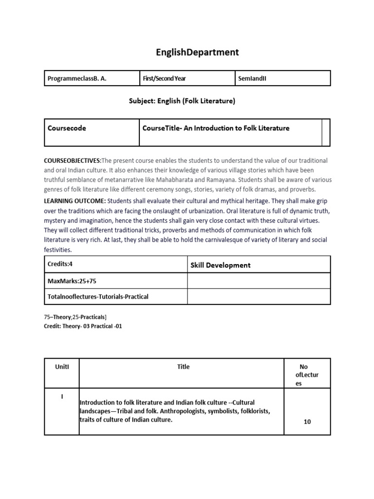 B.A. English Folk Literature Syllabus | PDF | Folklore | Oral Literature