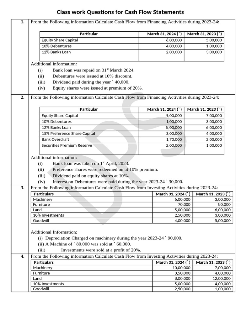 Class Work Question for CFS- School 2023 | PDF | Income Statement ...