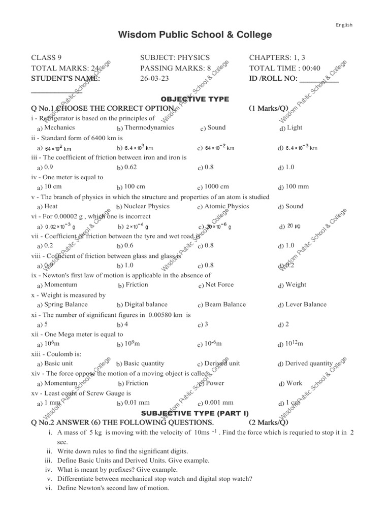 Wisdom Public School Exam Format | PDF | Force | Friction