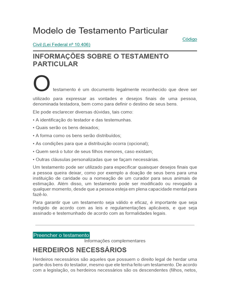 Testamento Particular - Modelo | PDF | Testamento | Justiça