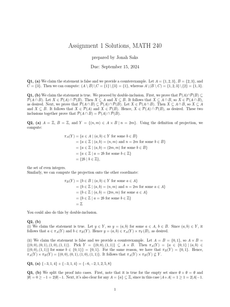 Assignment 1 Solutions 240 | PDF | Empty Set | Mathematical Concepts