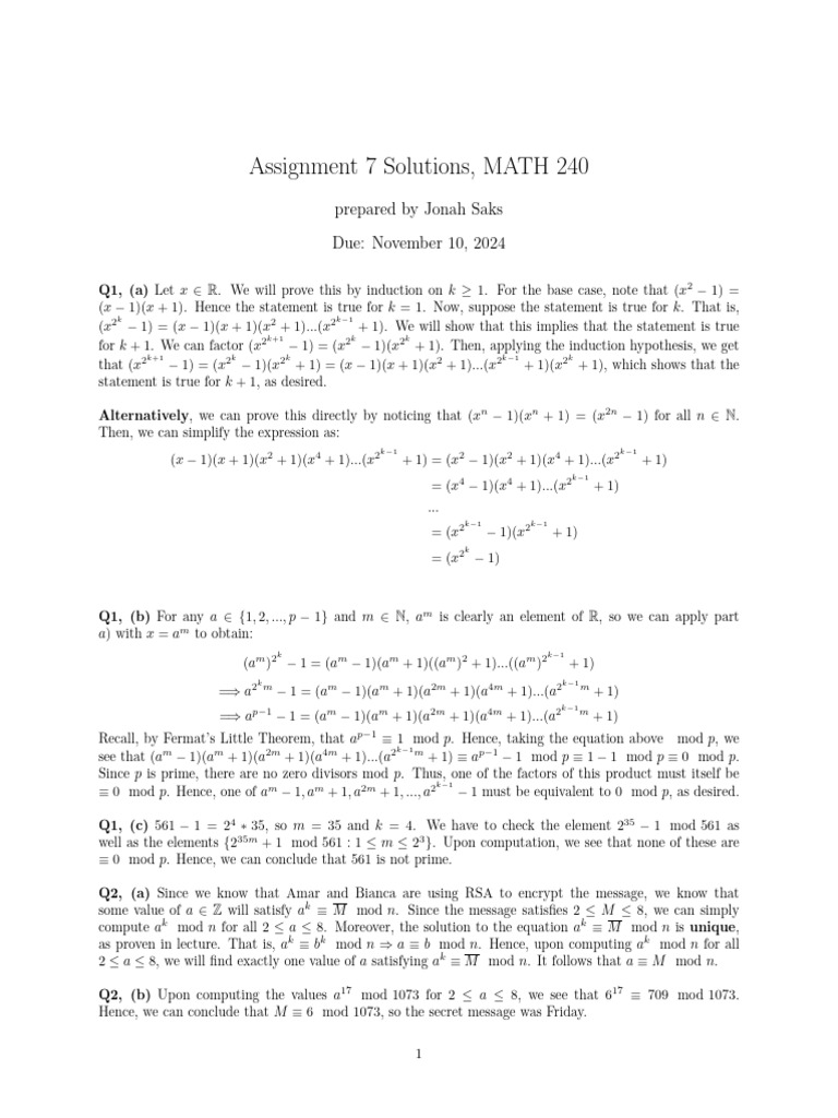 Assignment 7 Solutions 240 | PDF | Arithmetic | Abstract Algebra