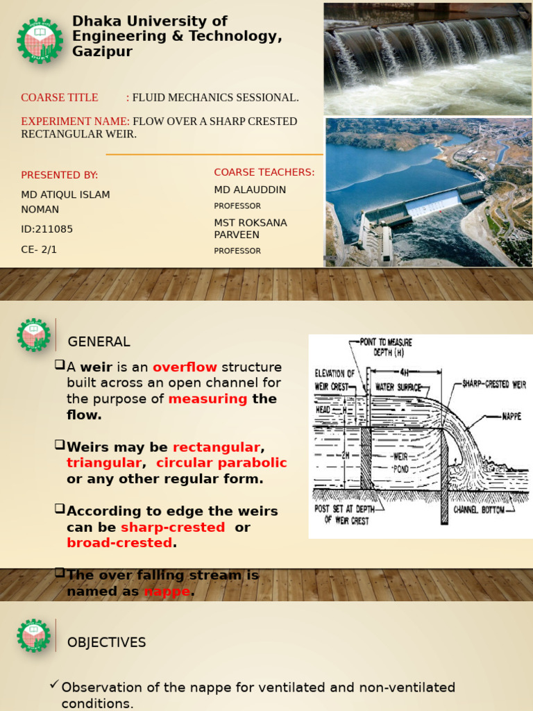 Flow over a sharp crested rectangular weir | PDF | Fluid Dynamics | Pressure