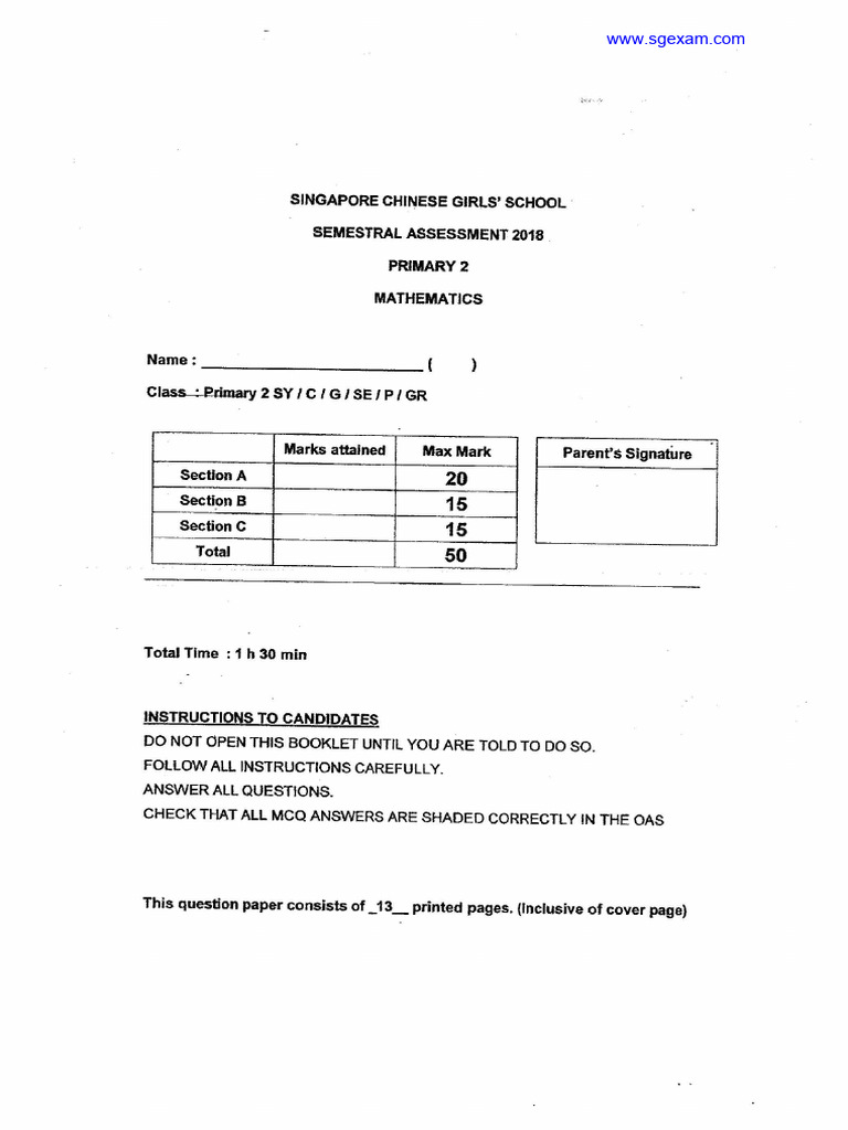 2018 P2 Maths SA2 SCGS | PDF