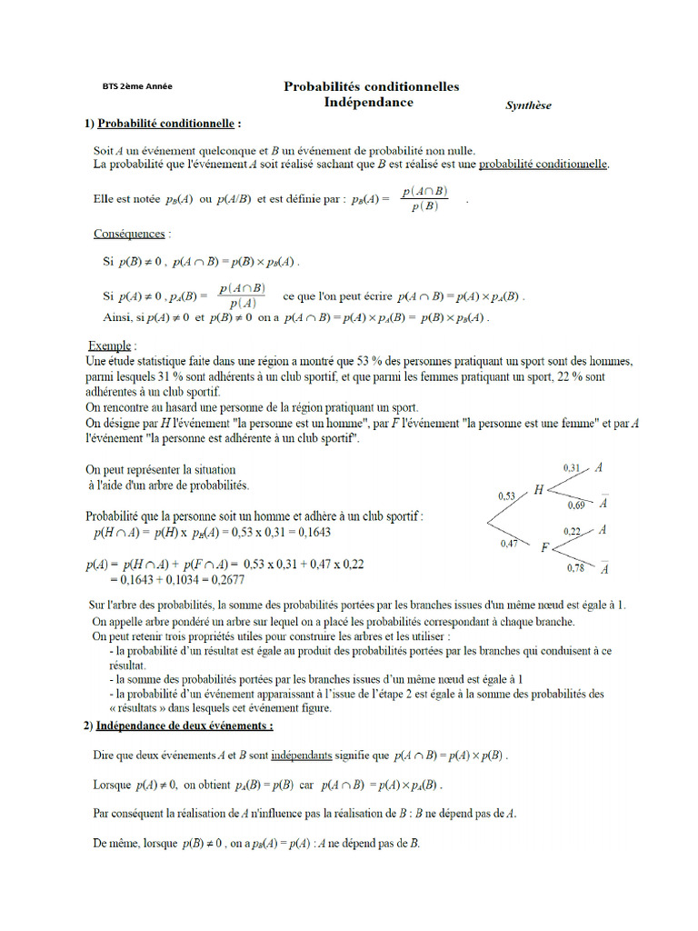 BTS 2 Cours Et Exs Proba Cond | PDF