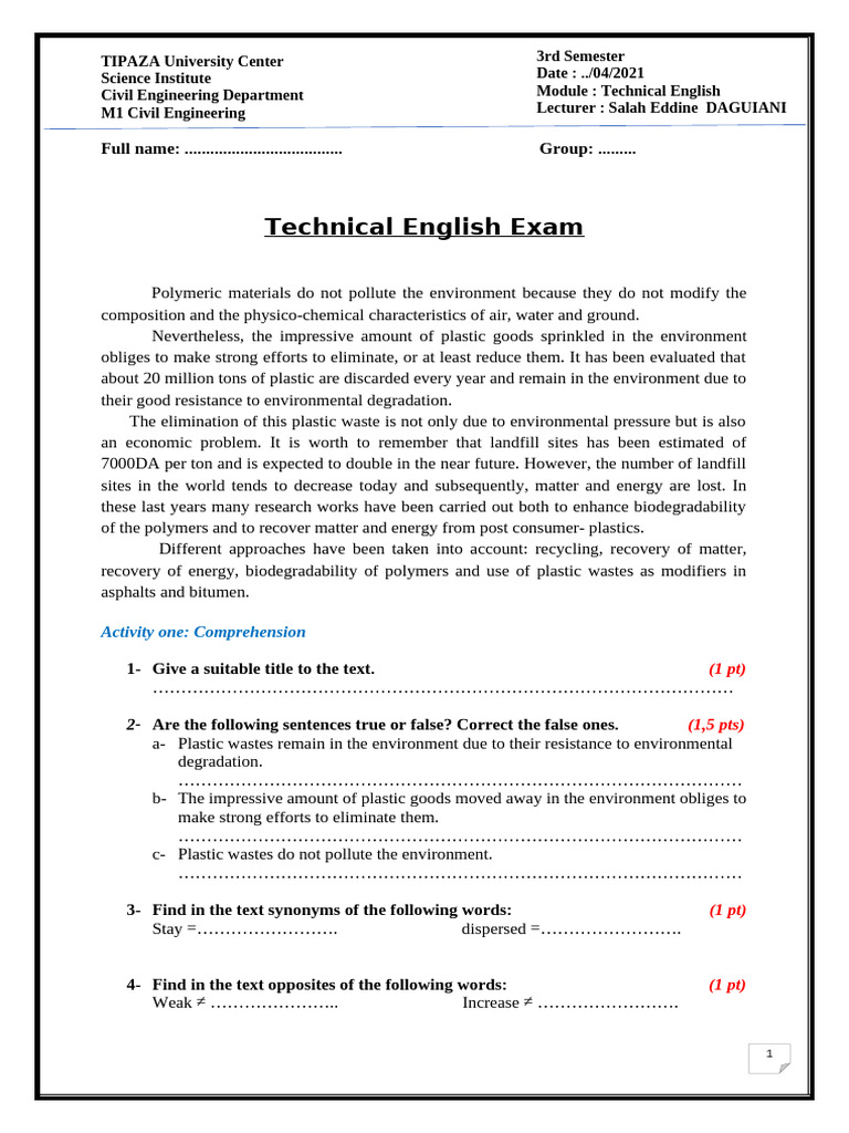 Civil Engineering Exam (M1) | PDF | Recycling | Biodegradation