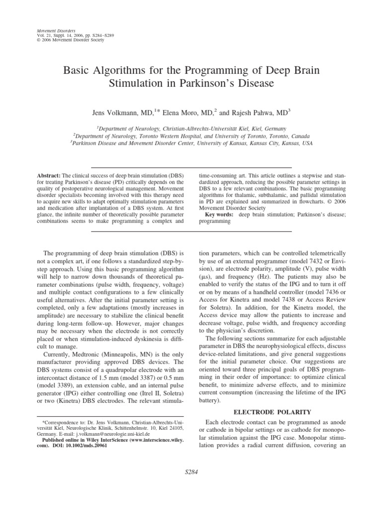 Basic Algorithms for the Programming of Deep Brain Stimulation in Parkinson's Disease | PDF ...