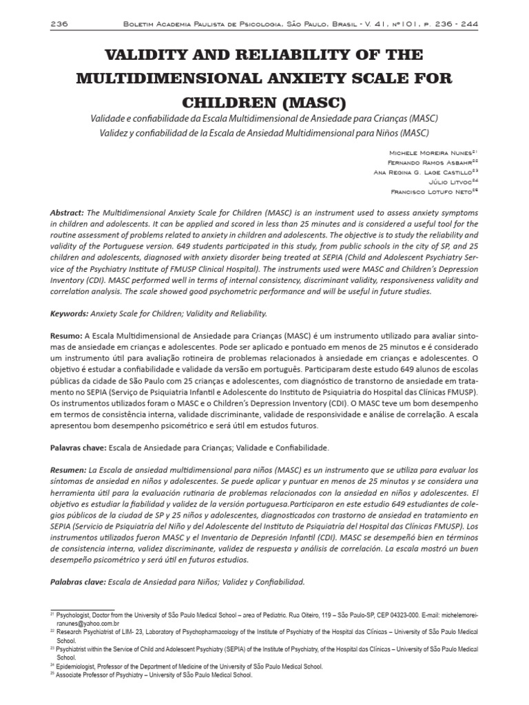 MASC Scale: Validity and Reliability Study | PDF | Mental Disorder ...