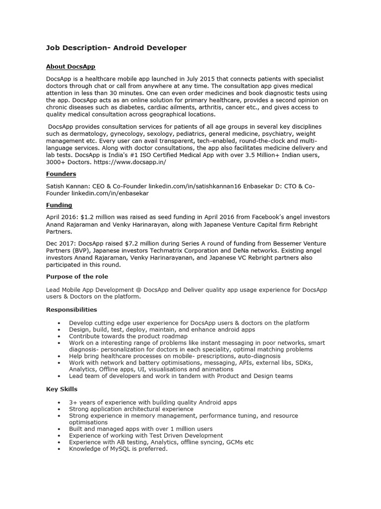 Job Description-Android Developer | PDF | Mobile App | Health Care
