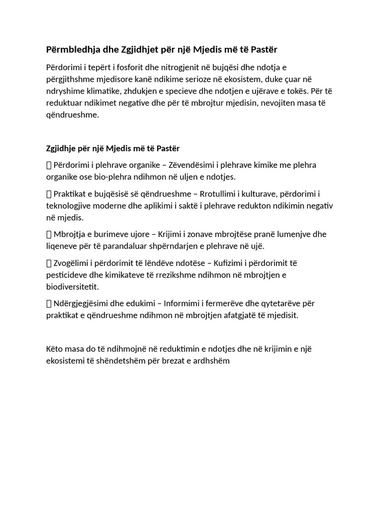 Përmbledhja Dhe Zgjidhjet Për Një Mjedis Më Të Pastër | PDF