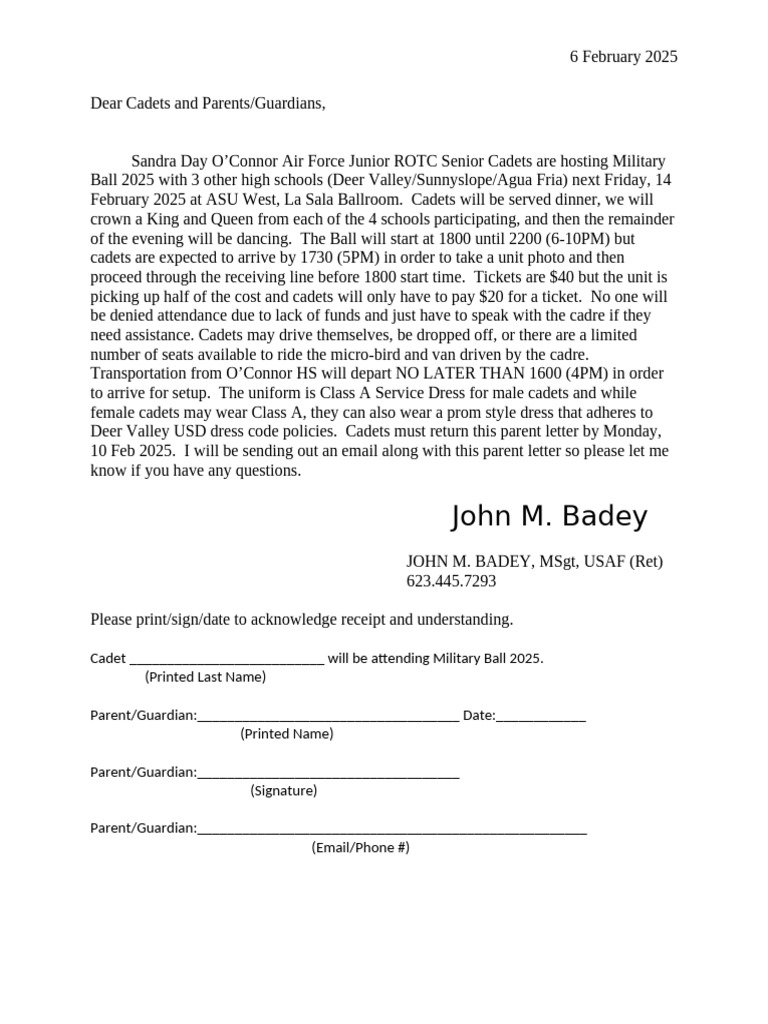 Military Ball Parent Letter | PDF