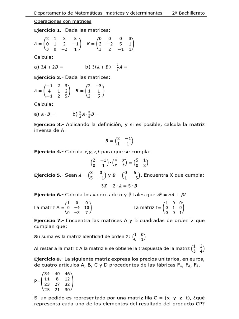 Ficha Matrices Ejercicios v2 | PDF | Matriz (Matemáticas) | Determinante