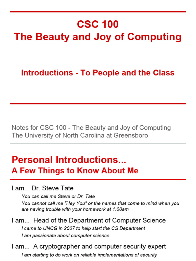 UNCG CSC100 F17 LECT1 ClassIntroduction | PDF