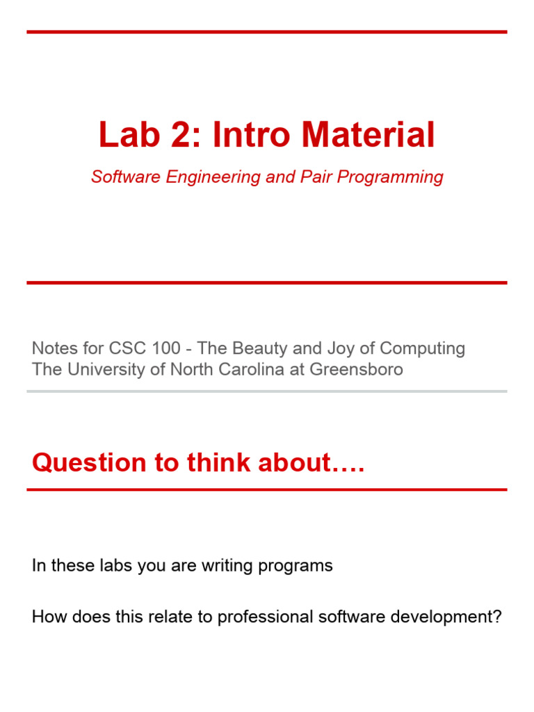 UNCG CSC100 F17 LAB2 PairProgramming | PDF | Software | Software Development