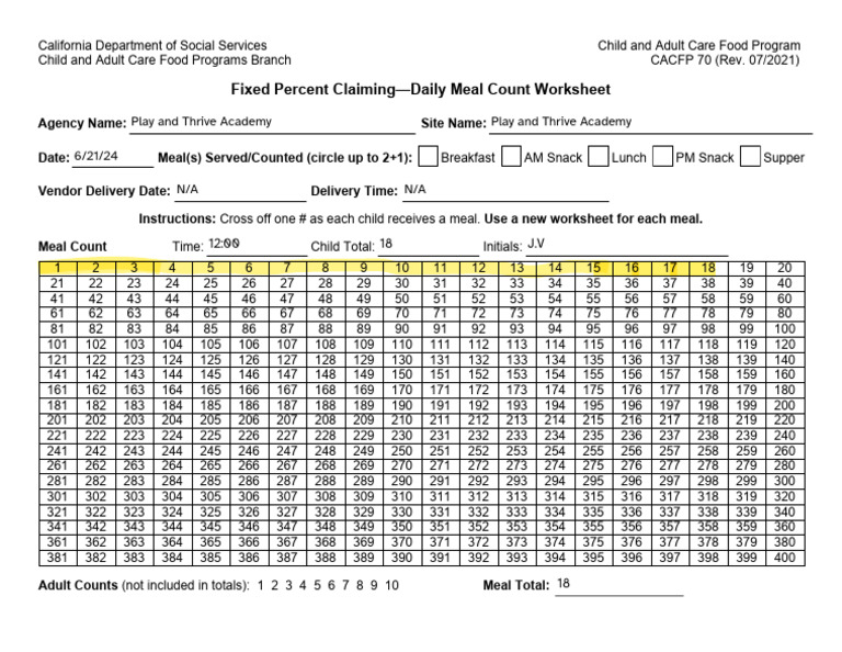 CACFP 70-Fixed - Percent - Single - Meal - Count - Worksheet | PDF ...