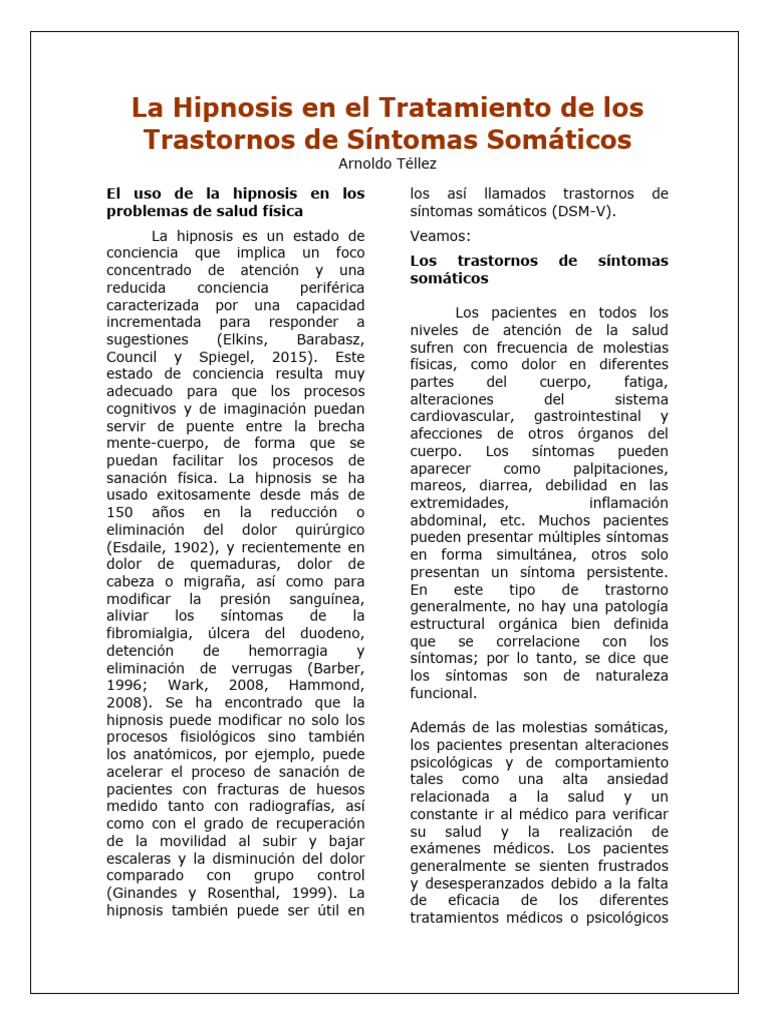 La Hipnosis en El Tratamiento de Los Trastornos de Sintomas Somaticos | PDF | Hipnosis | Ansiedad