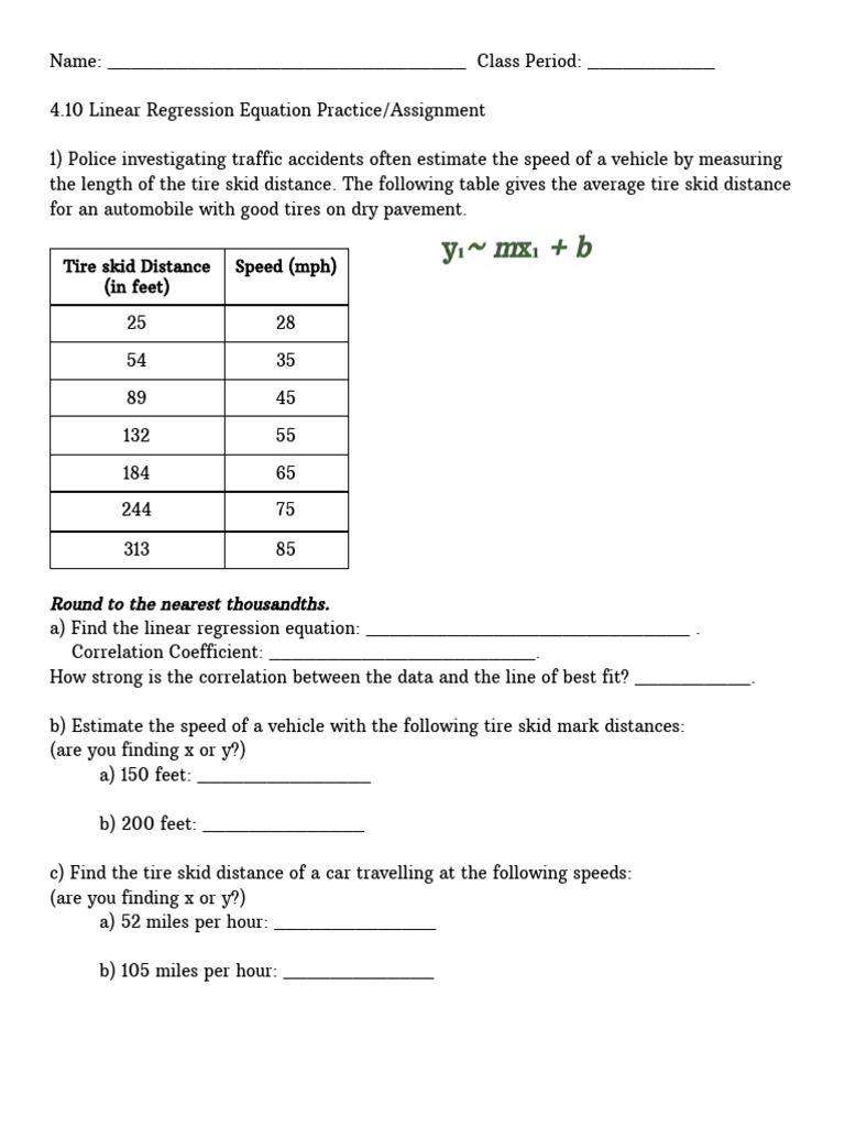 4.10 Linear Regression Equation Practice - Assignment | PDF