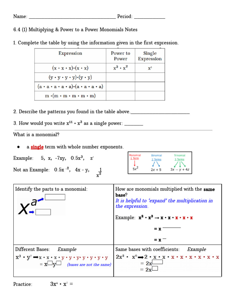 Algebra: Multiplying Monomials | PDF