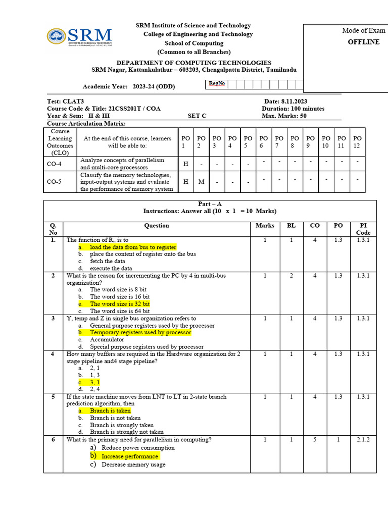 Coa ct3 Set C Answer Key | PDF | Cpu Cache | Computer Architecture
