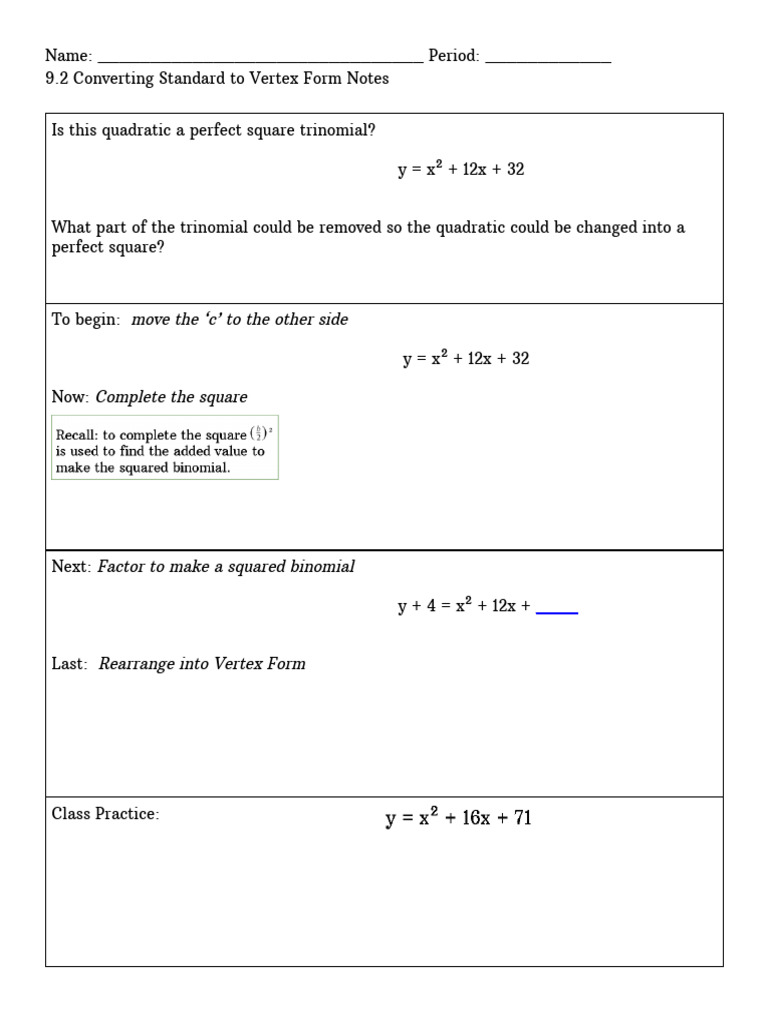 9.2 Converting Standard to Vertex Form Notes (1) | PDF