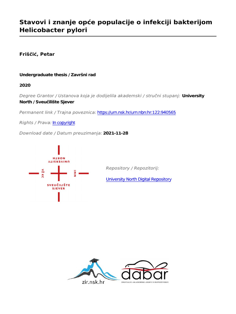 Stavovi I Znanje Opce Populacije o Infekciji Bakterijom - Friscic | PDF