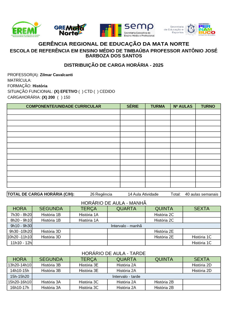 Horário Individual 2025 Zilmar | PDF