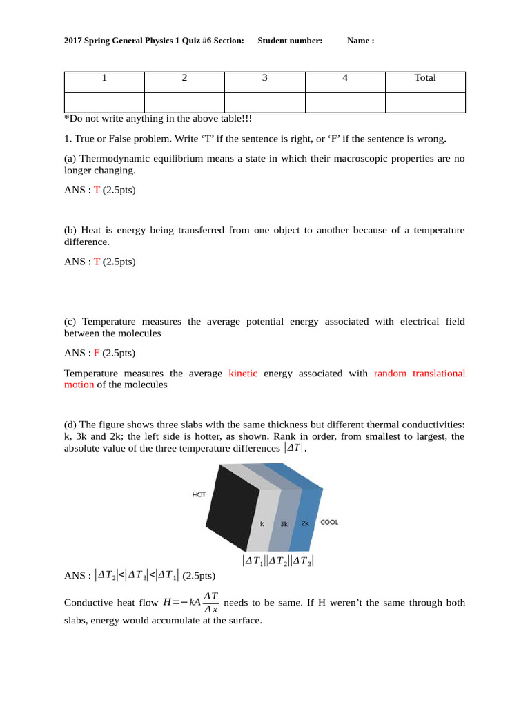 2017 Spring Physics Quiz #6 Answers | PDF | Temperature | Heat