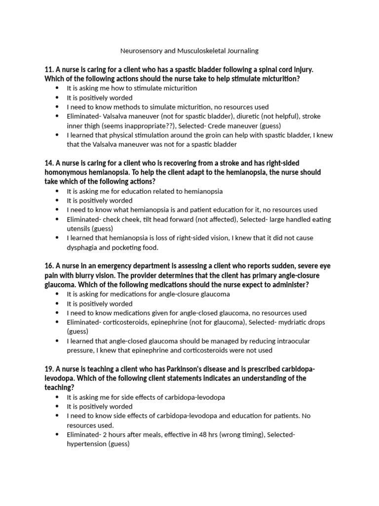 Neurosensory and Musculoskeletal Journaling | PDF | Nursing | Urination