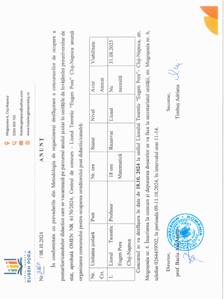 Anunt Concurs Liceul Teoretic Eugen Pora Cluj Napoca | PDF