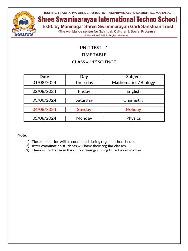 Unit Test - 1 Time Table Class - 11 Science Date Day Subject | PDF