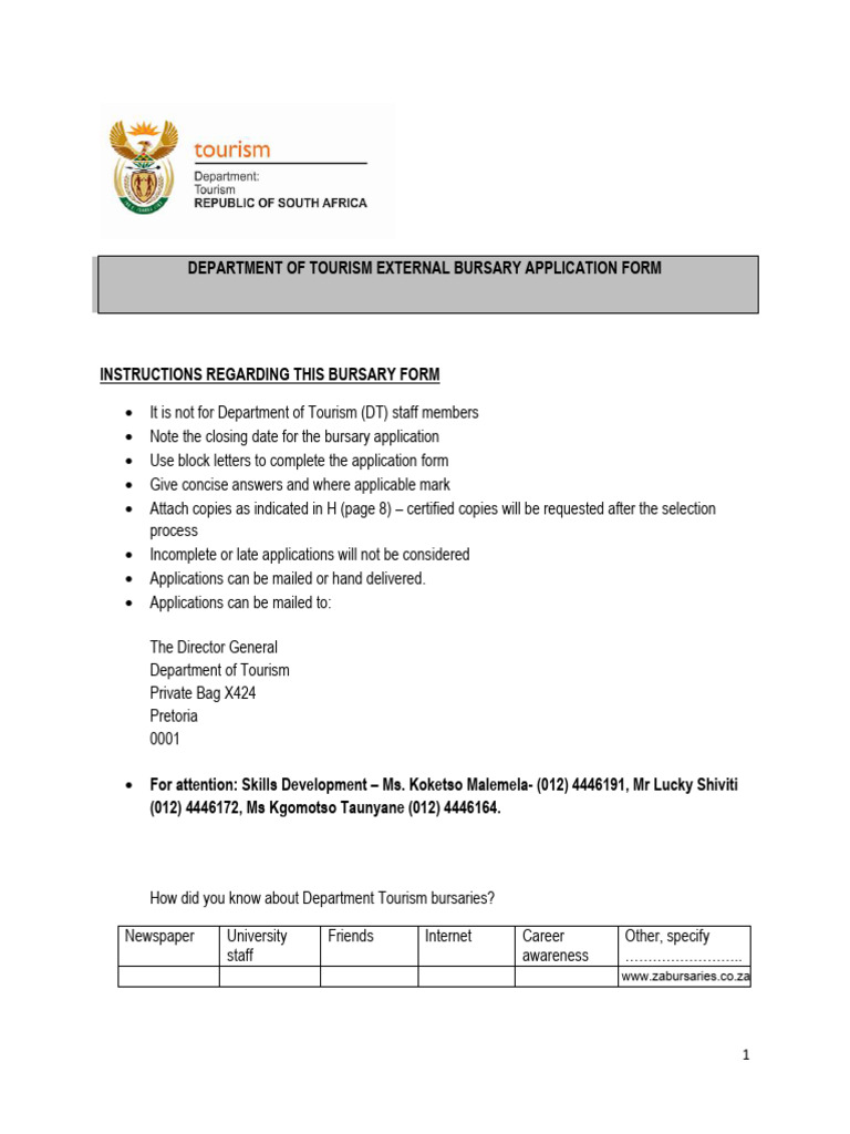 Department of Tourism Bursary Application Form 2025 | PDF