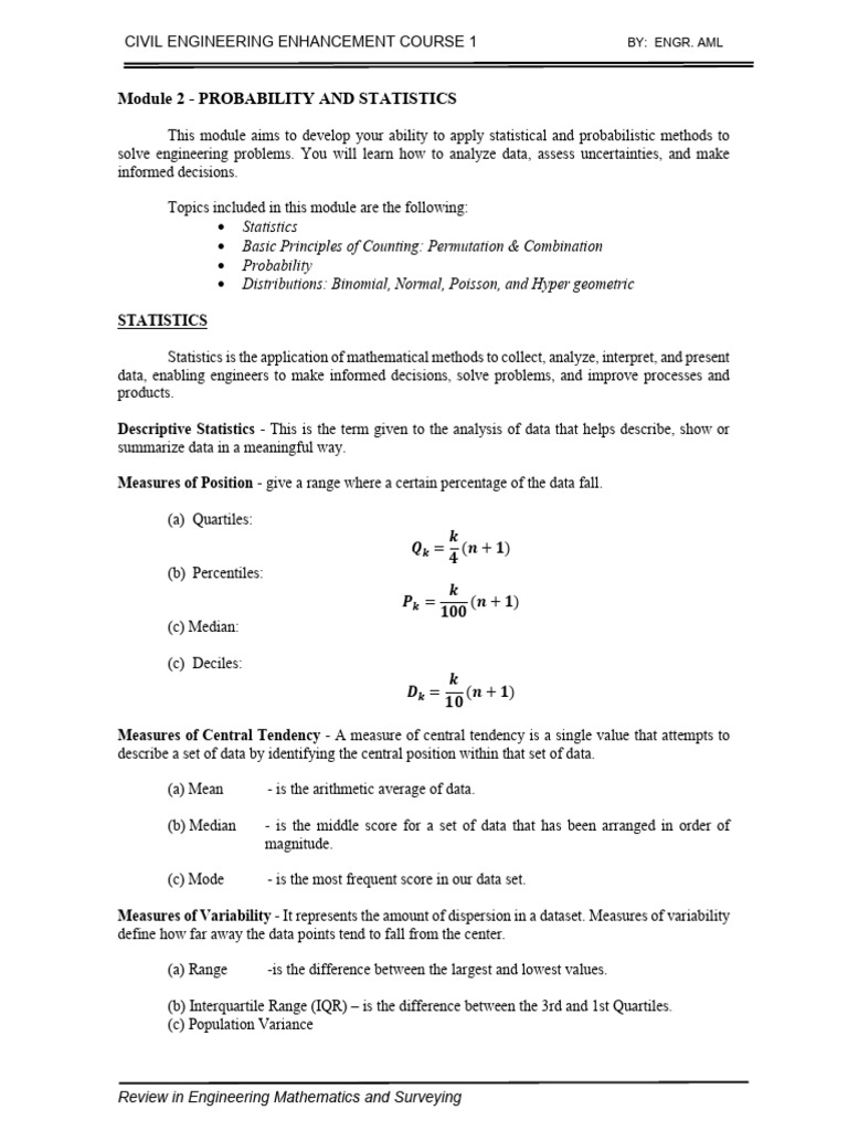 Civil Engineering Probability & Statistics Course | PDF | Statistics ...