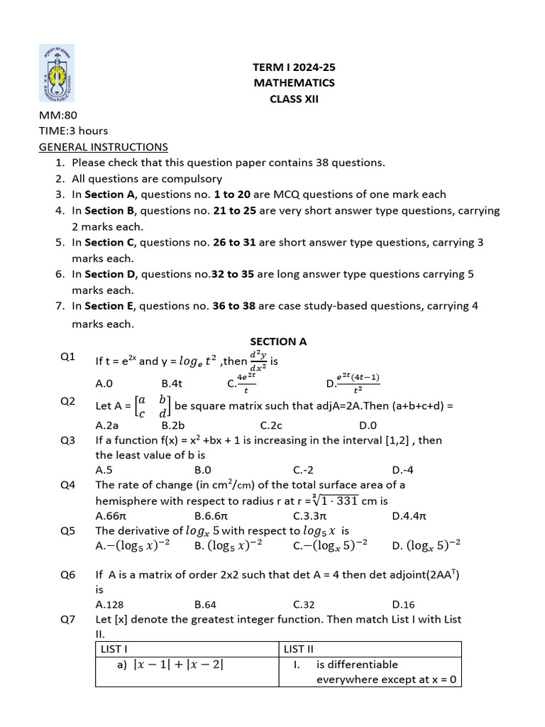 Term 1 Class 12 2024-25 Maths | PDF | Matrix (Mathematics) | Function ...