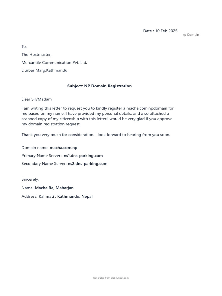 Registration of .NP Domain - Cover Letter Generator - Prabhu Host | PDF