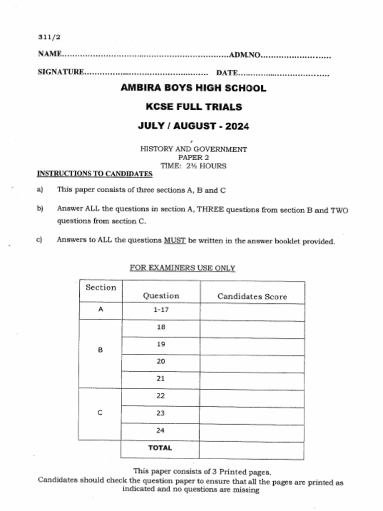 KCSE History Paper 2 Ambira Boys High School | PDF