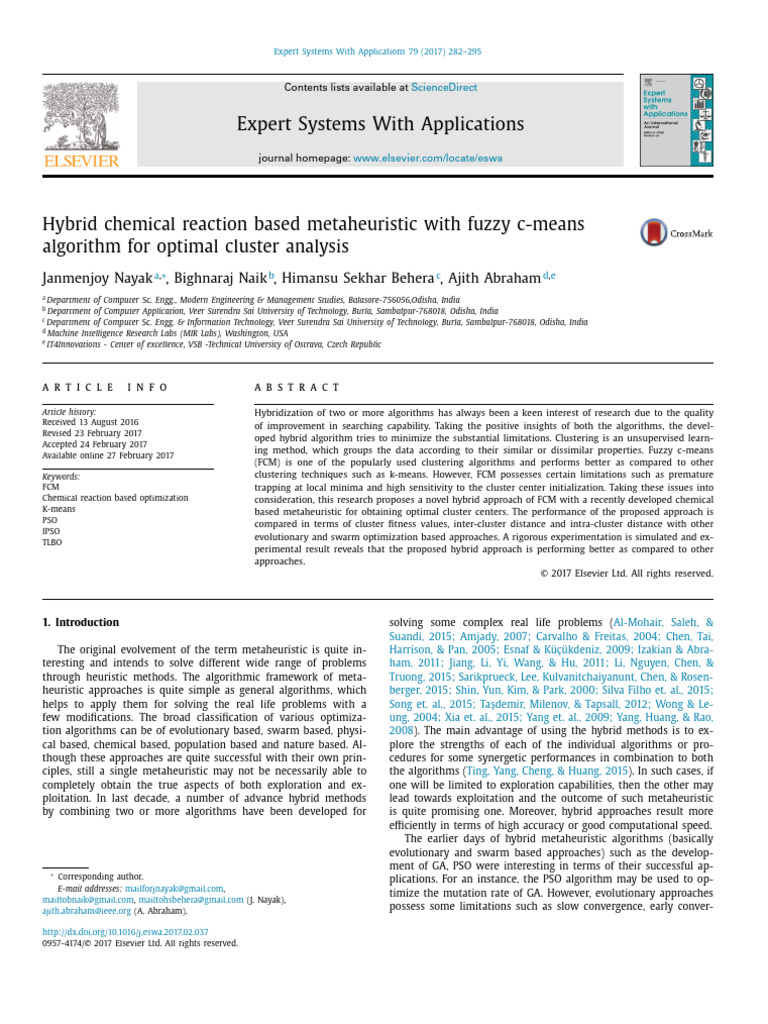 Hybrid chemical reaction based metaheuristic with fuzzy c-means | PDF | Cluster Analysis ...