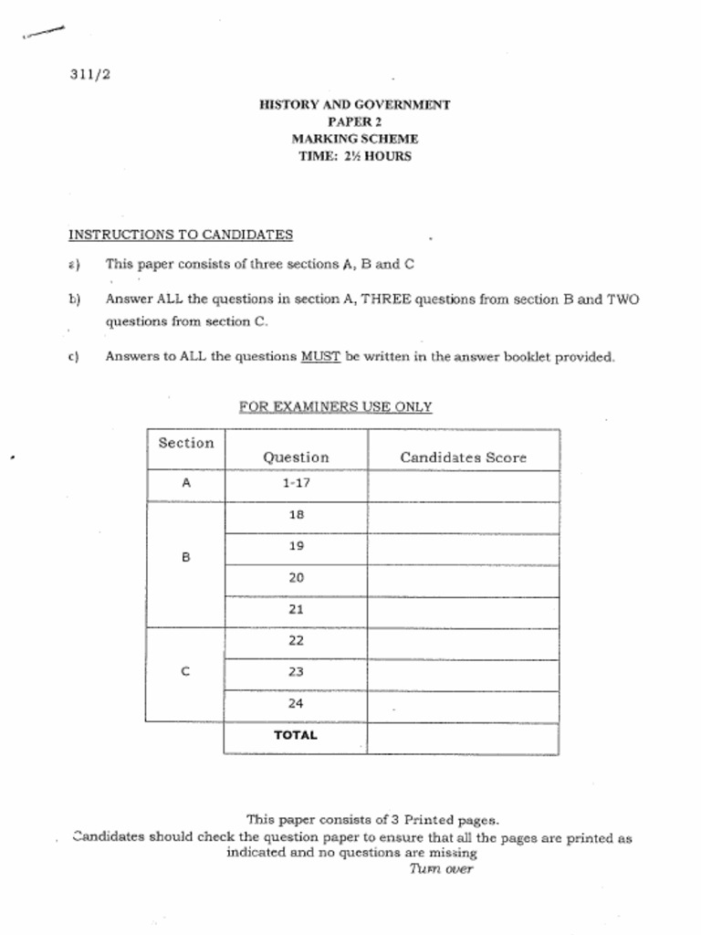 KCSE History and Government Paper 2 Ambira Boys High School Test ...