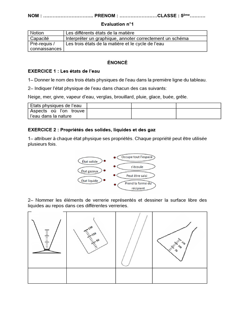 Évaluation sur les états de la matière 5ème | PDF