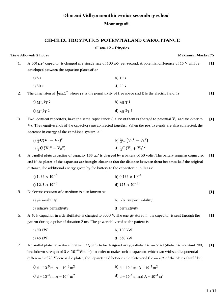 Class 12 Physics: Electrostatics Quiz | PDF | Capacitor | Capacitance
