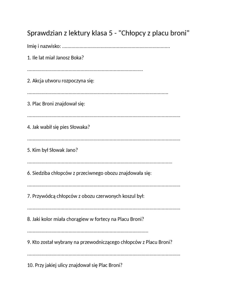 Test Z Lektury Chlopcy Z Placu Broni Klasa Virtuale