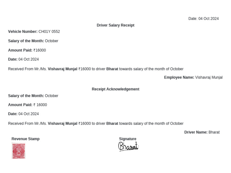 October Driver Salary Receipt | PDF
