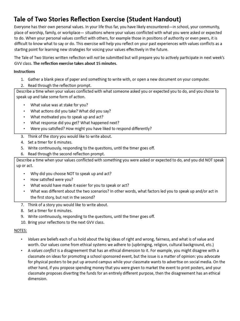 Tale of Two Stories Reflection Exercise (Student Handout) | PDF ...