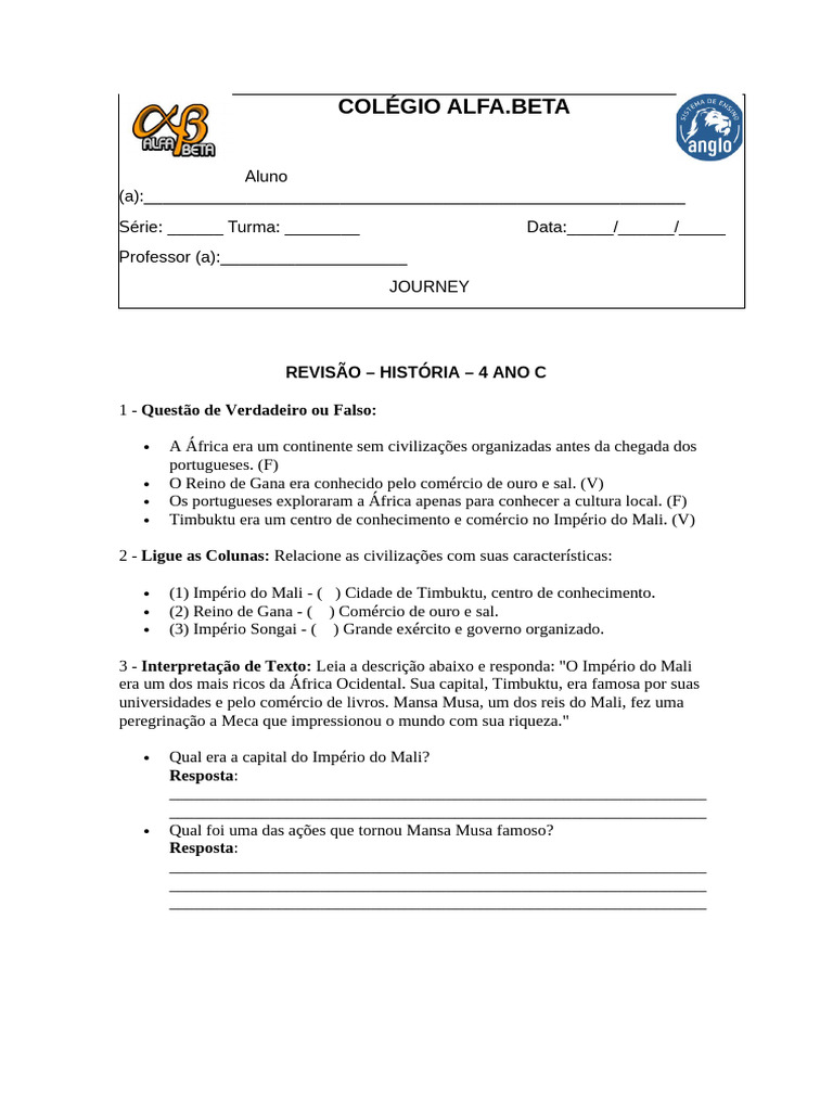 Revisão História 4º Ano C | PDF