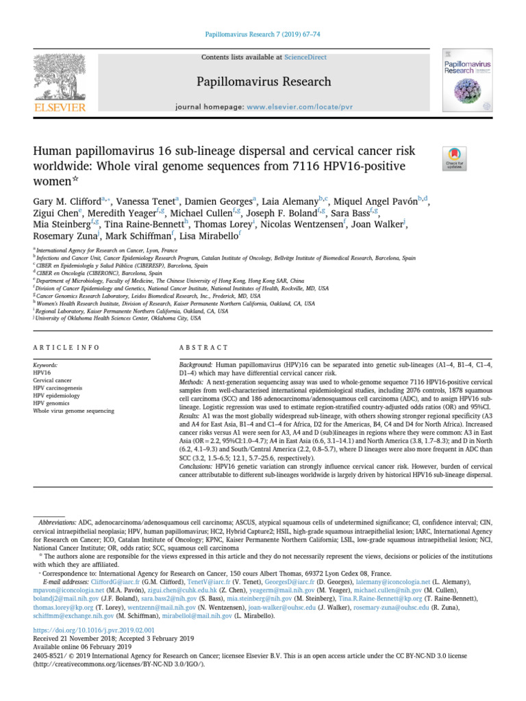 Human Papillomavirus 16 Sub Lineage Dispersal and Cervical Ca - 2019 ...