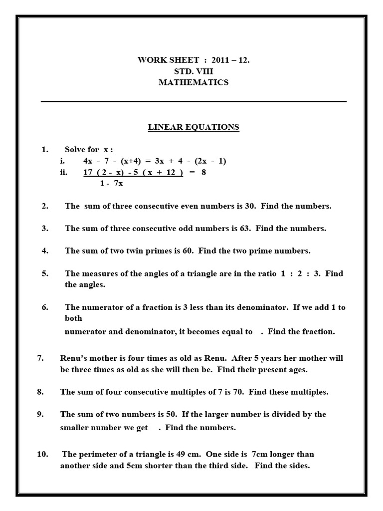 CBSE Class 8 Linear Equations in One Variable Worksheet 2 | PDF
